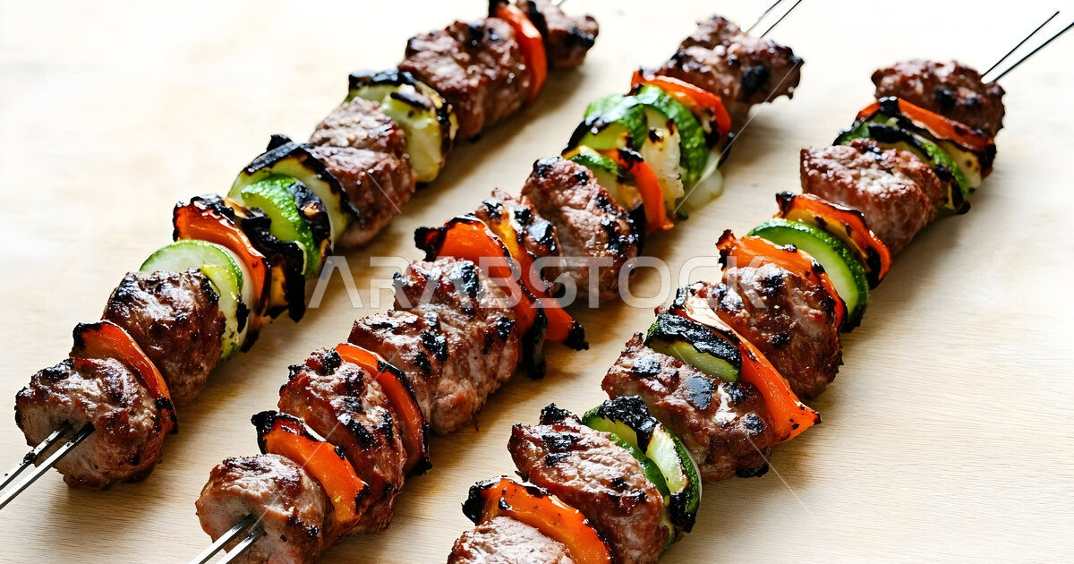 أسياخ اللحم مع الخضراوات، تحضير أطباق اللحوم المشوية على النار والفحم ...