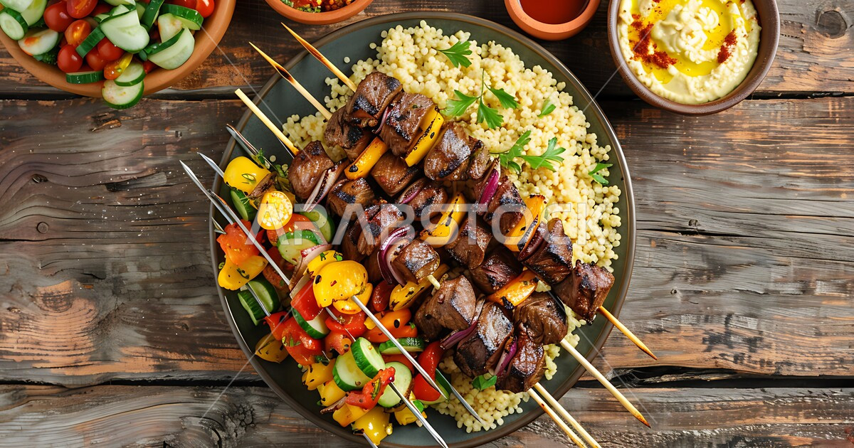 أسياخ اللحم المشوية مع الأرز والخضراوات الطازجة والمقبلات اللذيذة ...