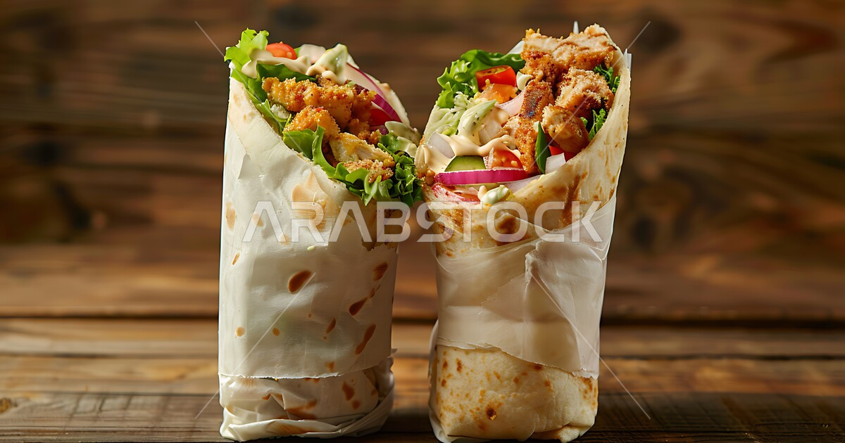 Eastern Arabic food, a close-up of a chicken shawarma sandwich with ...