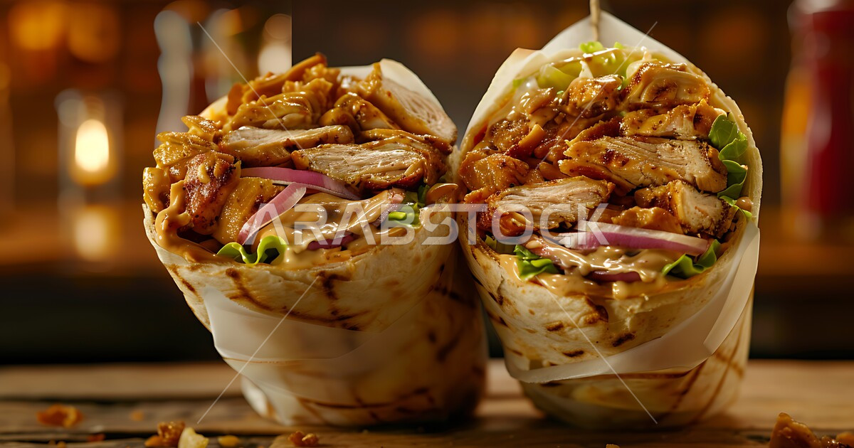 Eastern Arabic food, a close-up of a chicken shawarma sandwich with ...