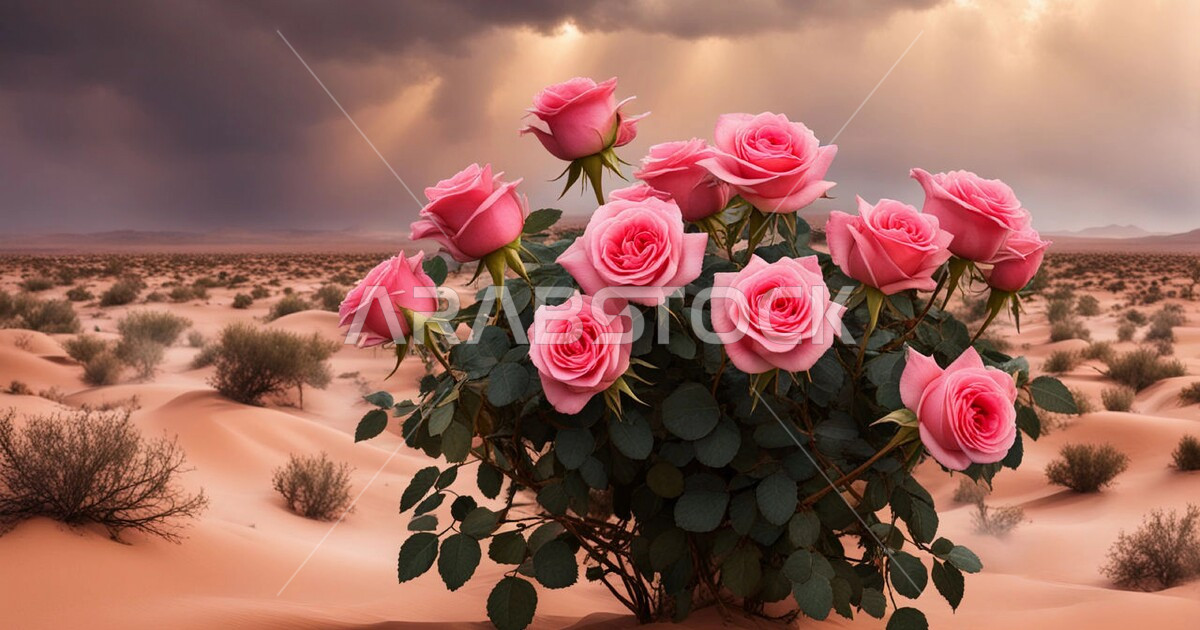 Colorful roses grow in the deserts of the Kingdom of Saudi Arabia, a ...