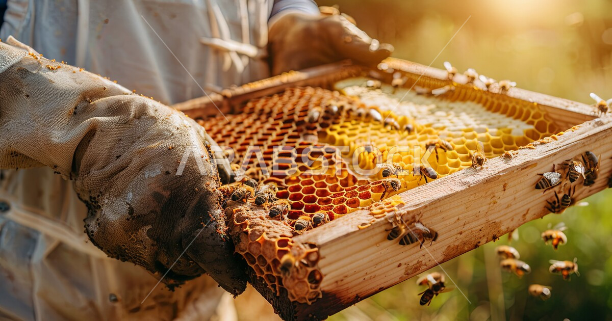 Original beeswax honey, close-up of a Saudi Arabian Gulf man's hand ...