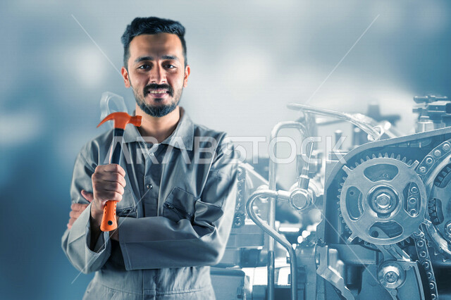 Mechanical engineer inside the repair shop, with different expressions ...