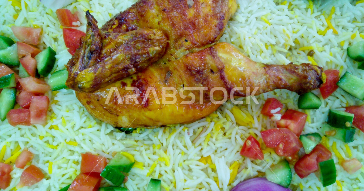 A close-up of delicious chicken mandi, Arab traditional food, delicious ...