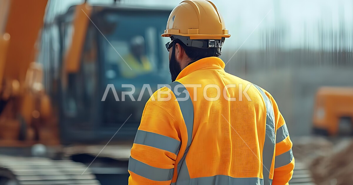 Bulldozer lifting and packing sand, gravel and aggregate, back view of ...