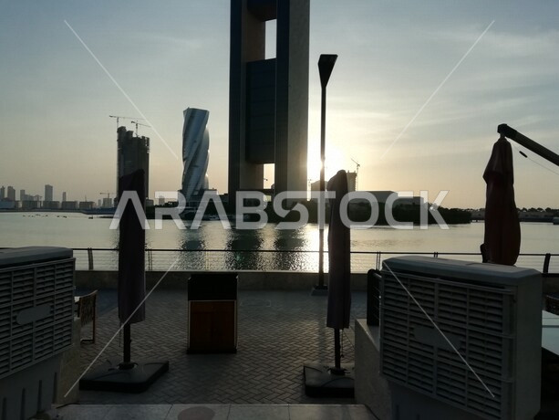 A picture of the tourist places overlooking the Gulf of Bahrain, towers ...