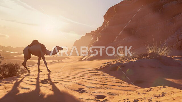 Camel walking over sand dunes in the desert during the day, interest in ...