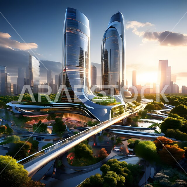 An imaginative future view, urban progress and growth, towers and ...
