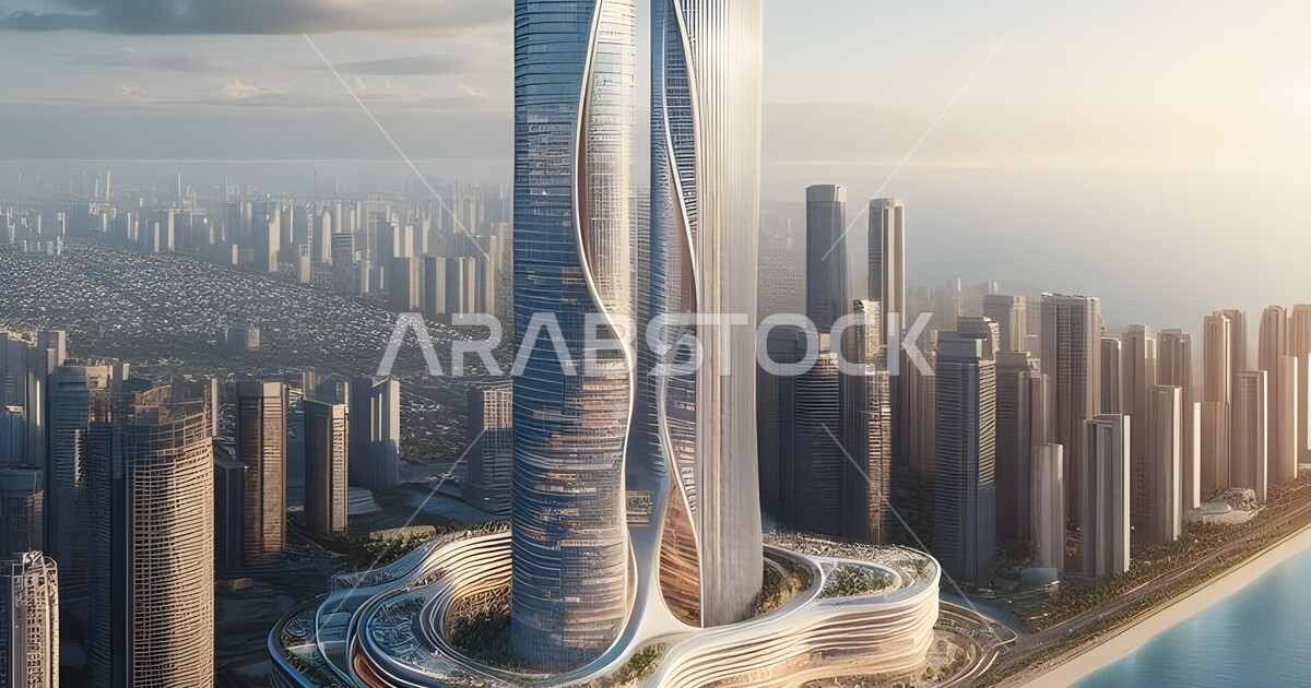 An imaginative future view, urban progress and growth, towers and ...