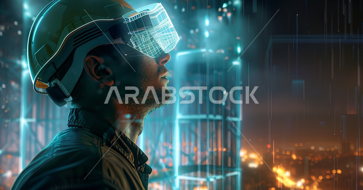 Saudi Vision 2030, 3D holographic background of towers and skyscrapers ...