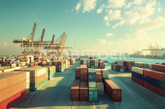 Ports for shipping goods and commercial containers, import and export ...