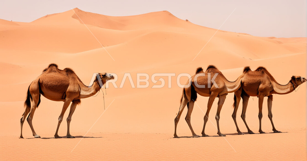 Camel breeding in a nature reserve in the desert areas, a herd of ...