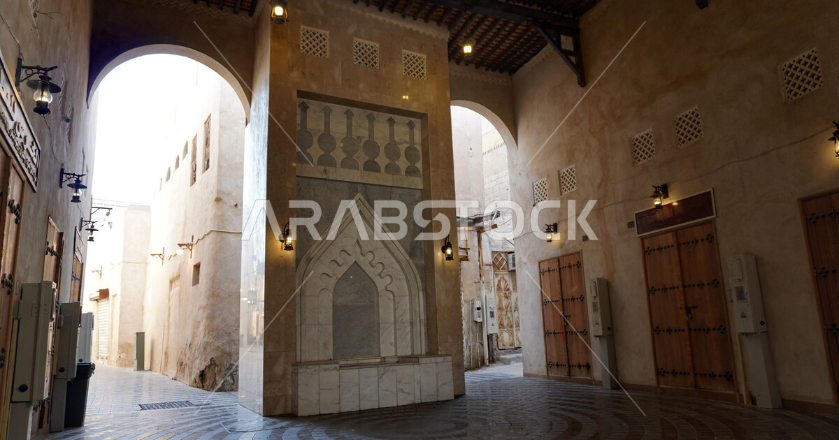 Old heritage wooden door in the Amiriya School in Hofuf in the Al-Ahsa ...