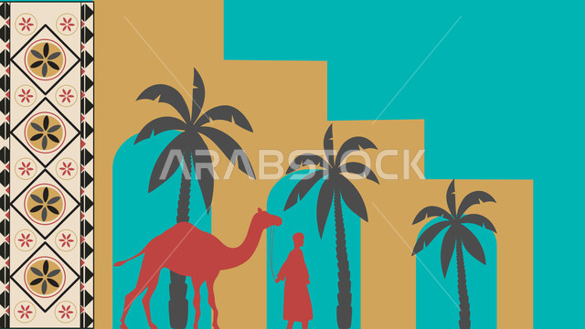 Sadu patterns with a Saudi Arabian man walking with a camel, interest ...