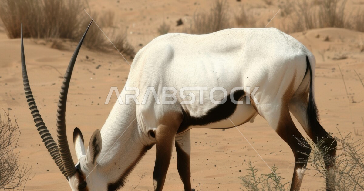 Nature reserve for raising wild animals, white gazelle with long ...