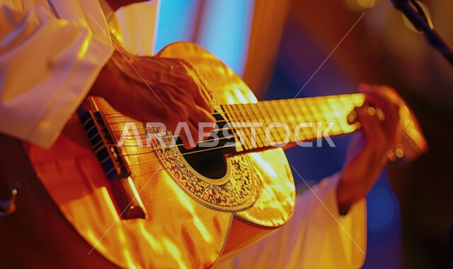 Practicing the hobby of playing a stringed instrument, a close-up photo ...