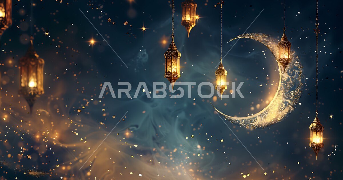 Ramadan spiritual atmosphere decorations, the view of the crescent moon ...