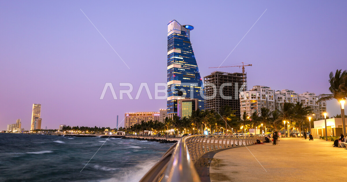 Jeddah Corniche waterfront in Saudi Arabia, architectural art of towers ...