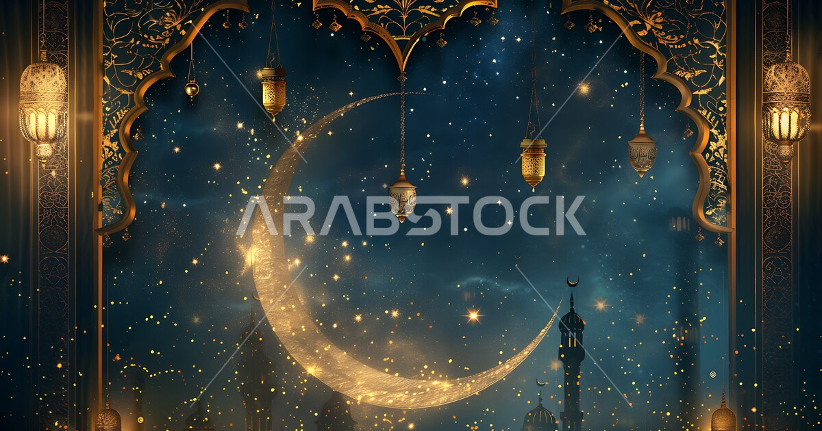 أنوار ذهبية وديكورات في الأجواء الرمضانية الروحانية, الاحتفال بقدوم شهر ...