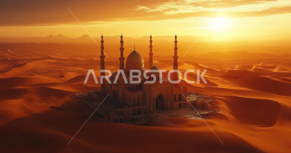 Islamic Arab style architectural art of domes and minarets, a mosque in ...