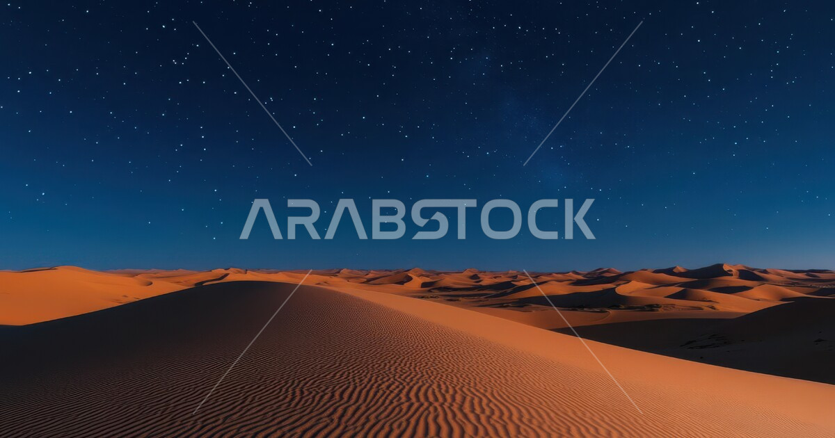 Starry sky at night, desert areas and desert natural environment, sand ...