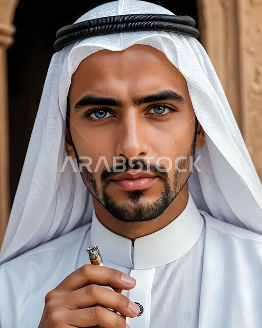 Addiction to tobacco, a Saudi Arabian Gulf man wearing a traditional ...