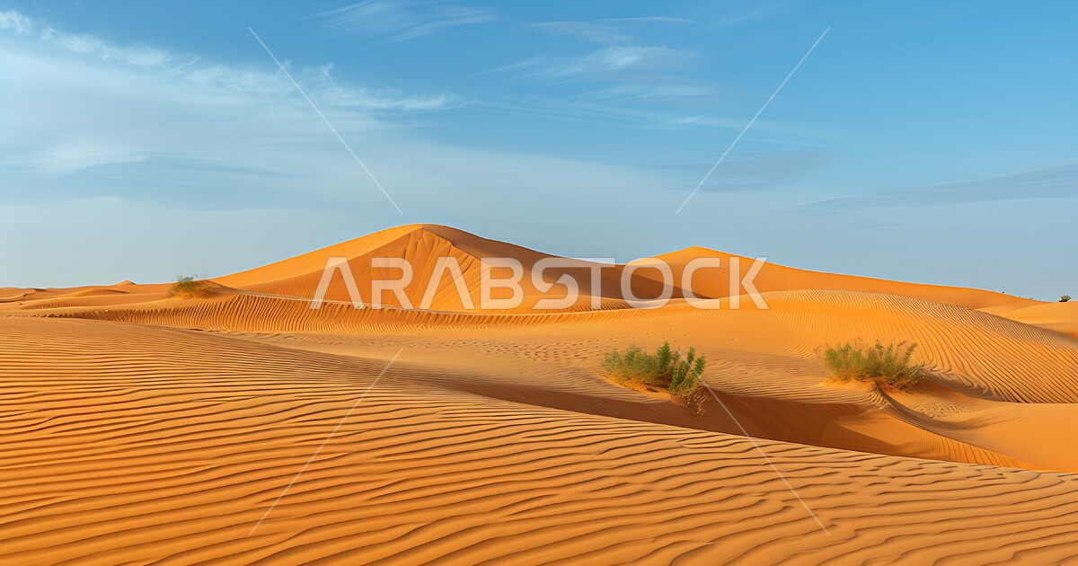 Desert nature in Saudi Arabia, view of the golden sand shining during ...