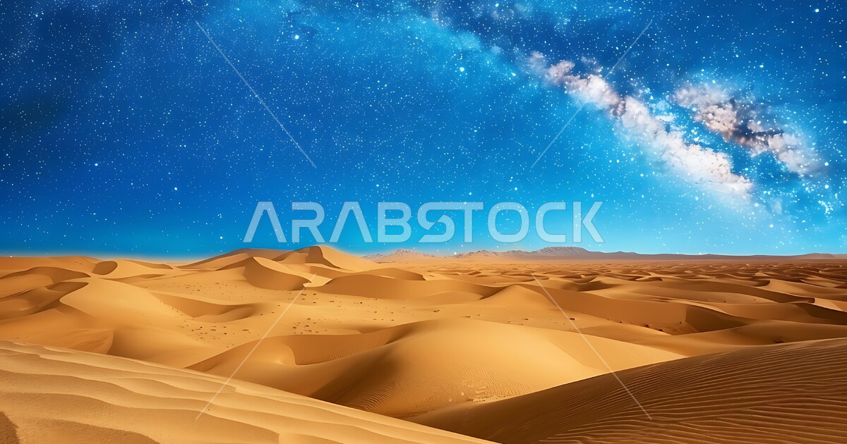 View of the Milky Way and bright stars in the Saudi sky, terrain and ...