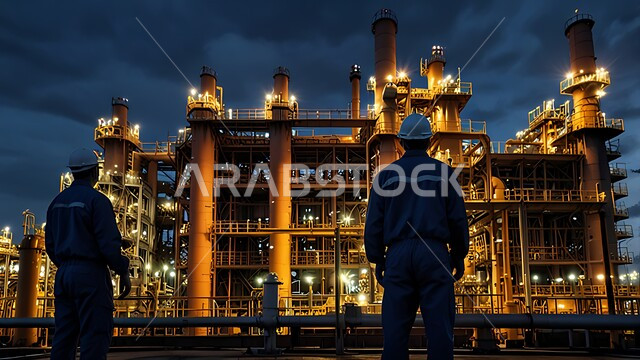 Supervising oil plants and factories in Saudi Arabia, back view of two ...