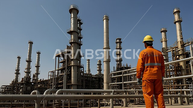 Supervising oil plants and factories in Saudi Arabia, back view of a ...