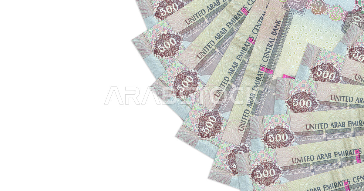 UAE national economy, number of UAE banknotes, close-up of paper ...