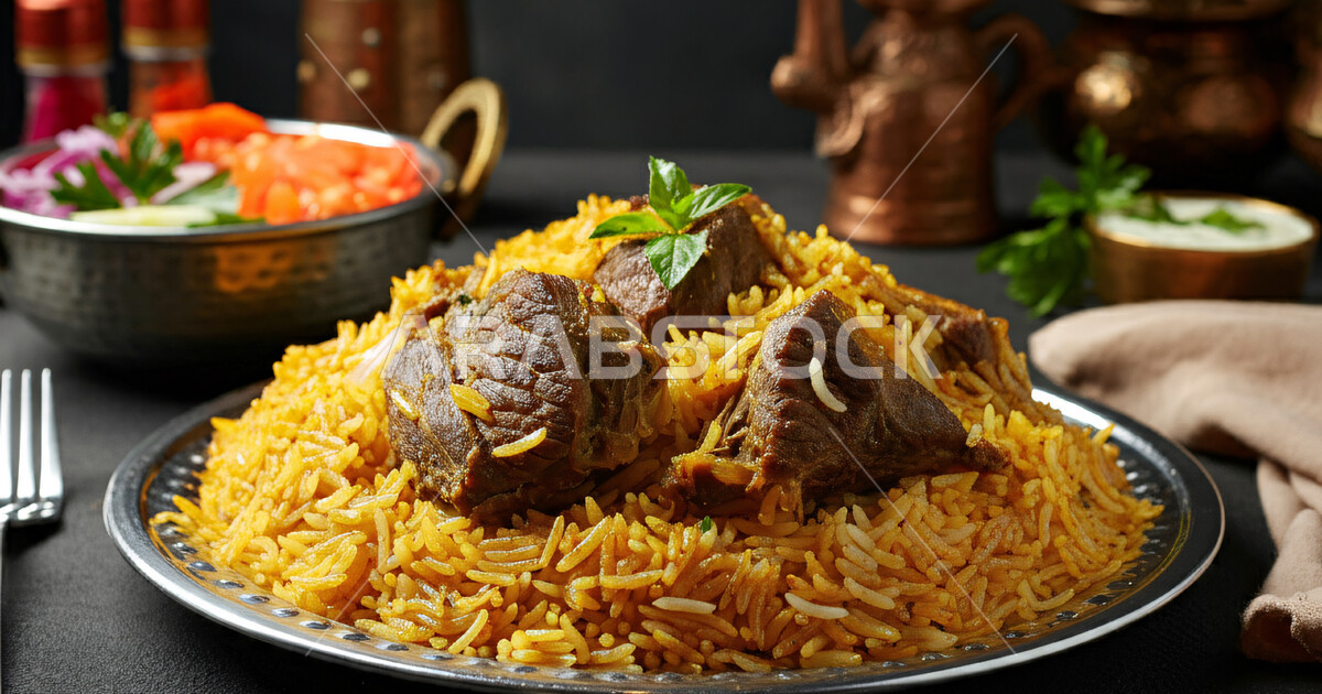 Oriental foods and meals, a plate of delicious Mandi rice with lamb ...