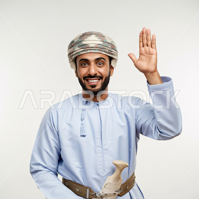 Gestures of peace and welcome, close-up portrait of an Arab Gulf Omani ...