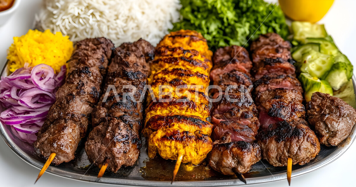 Protein-rich foods, a plate of grilled kebab skewers with vegetables ...