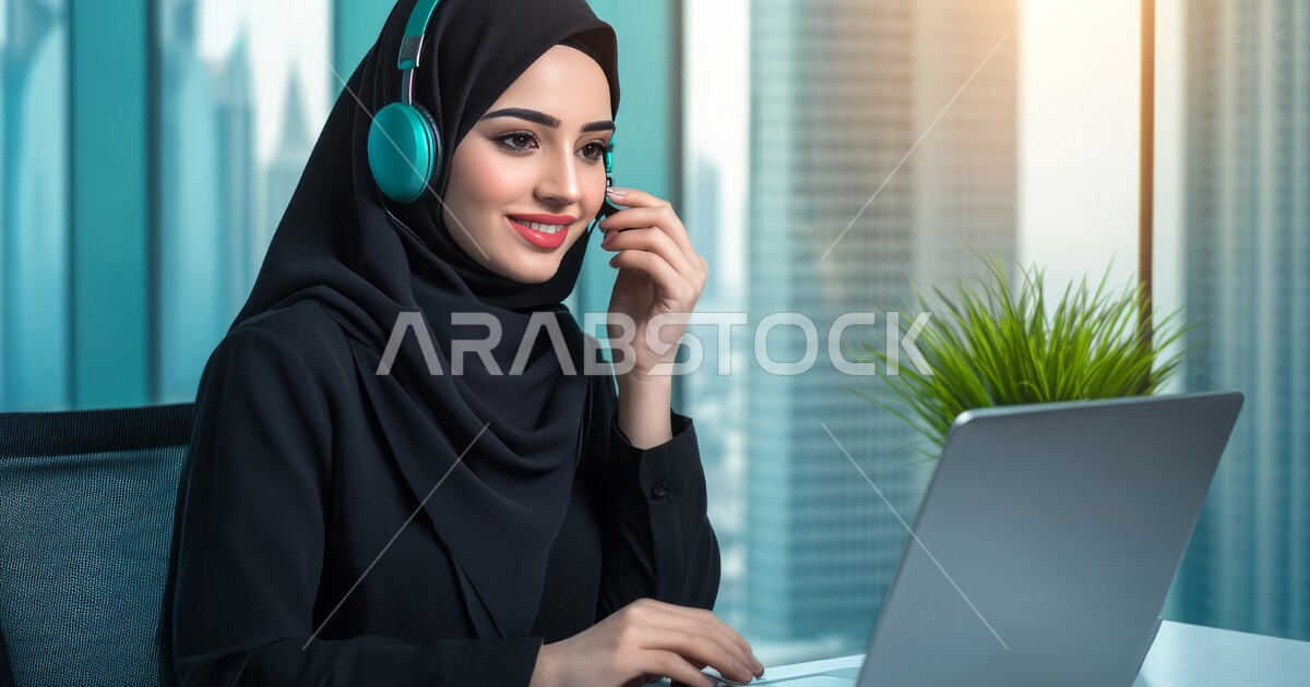 Using modern technologies, a close-up picture of a smiling, veiled ...