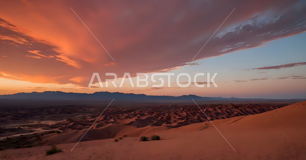 الرمال الذهبية الناعمة والكثبان في المناطق الصحراوية، منظر السماء مع ...