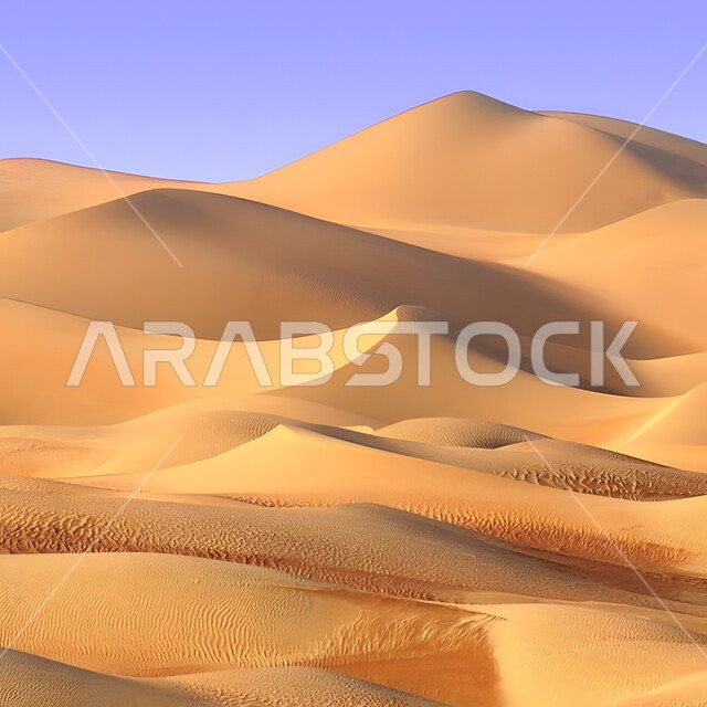 Plateaus, hills and soft golden sand dunes, the dry environment and ...