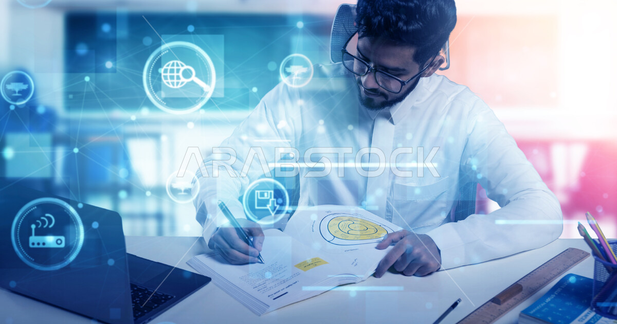 Self-learning system, back to school, close-up of a Saudi Arabian Gulf ...