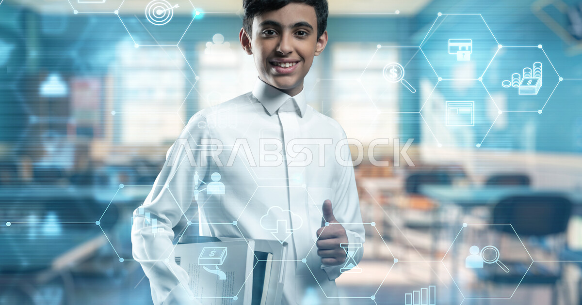 مفهوم القبول والموافقة، العودة الى المداس، طالب عربي خليجي سعودي يرتدي الزي المدرسي ينظر الى ...