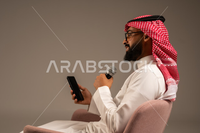 Having conversations and discussions, close-up portrait of a Saudi ...