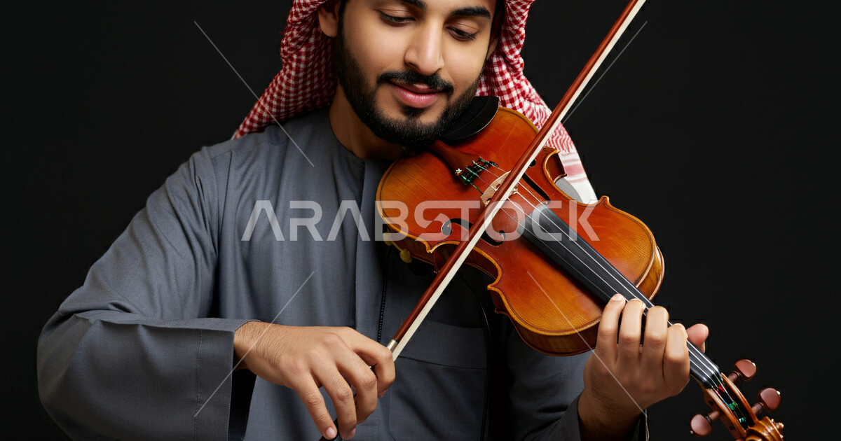 Musical artistic talents, close-up portrait of a Saudi Arabian Gulf man ...