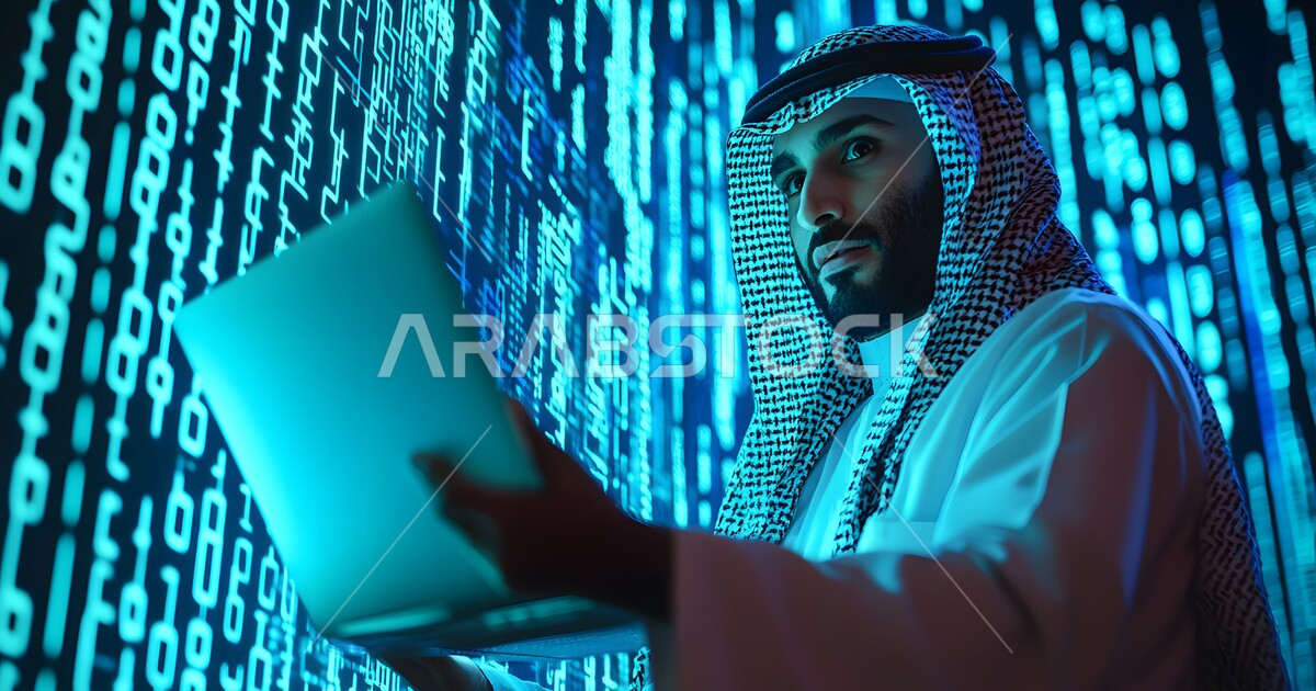 A Saudi Gulf Arab man wearing a traditional thobe and using a tablet ...