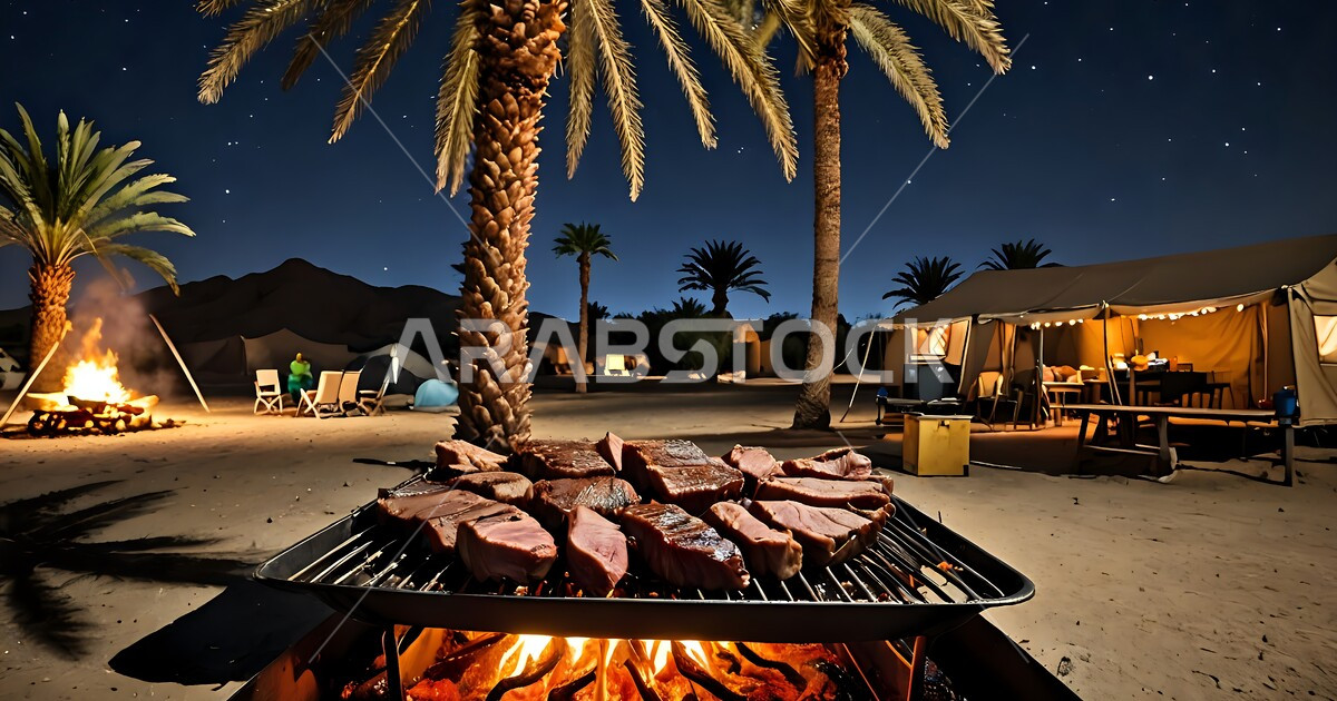 Fresh grilled pieces of meat on the grill in the wild desert, oriental ...