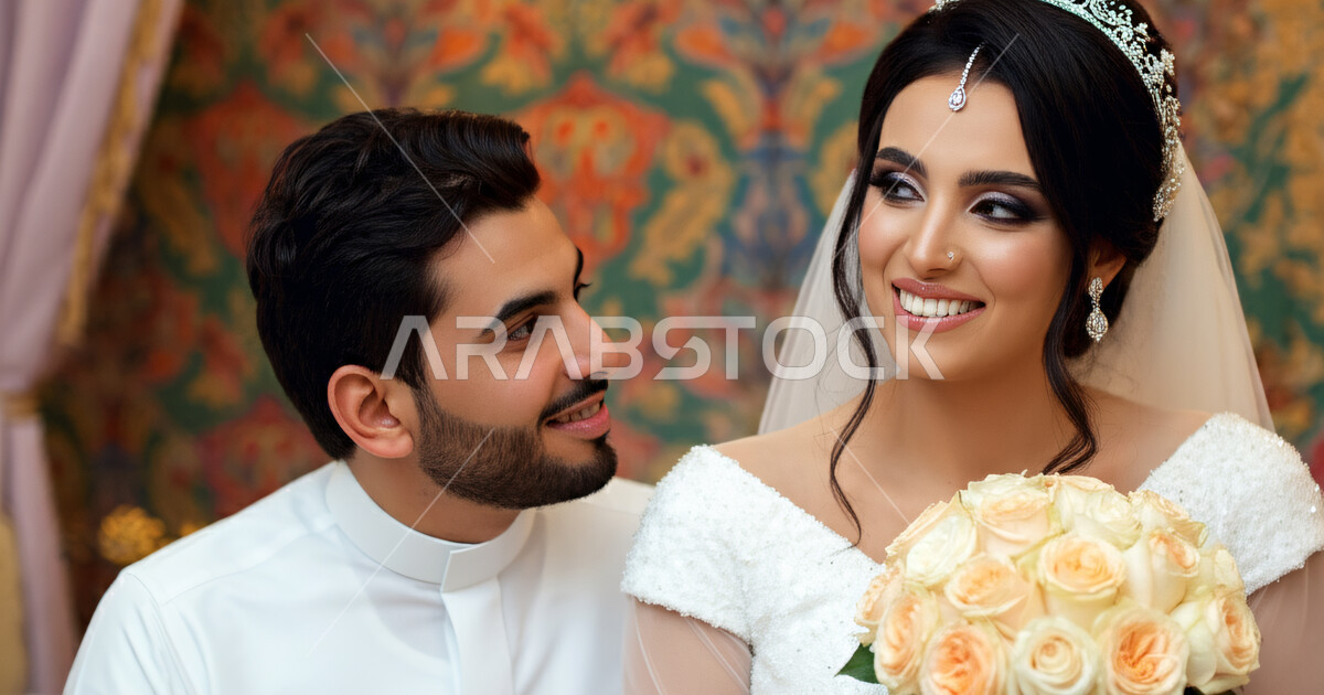 مفهوم الارتباط وتكوين الأسرة، رجل غربي خليجي سعودي يرتدي الثوب التقليدي ...