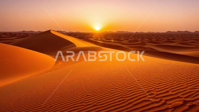 Soft golden hills and sand, sky view with sunset in Saudi Arabia desert ...