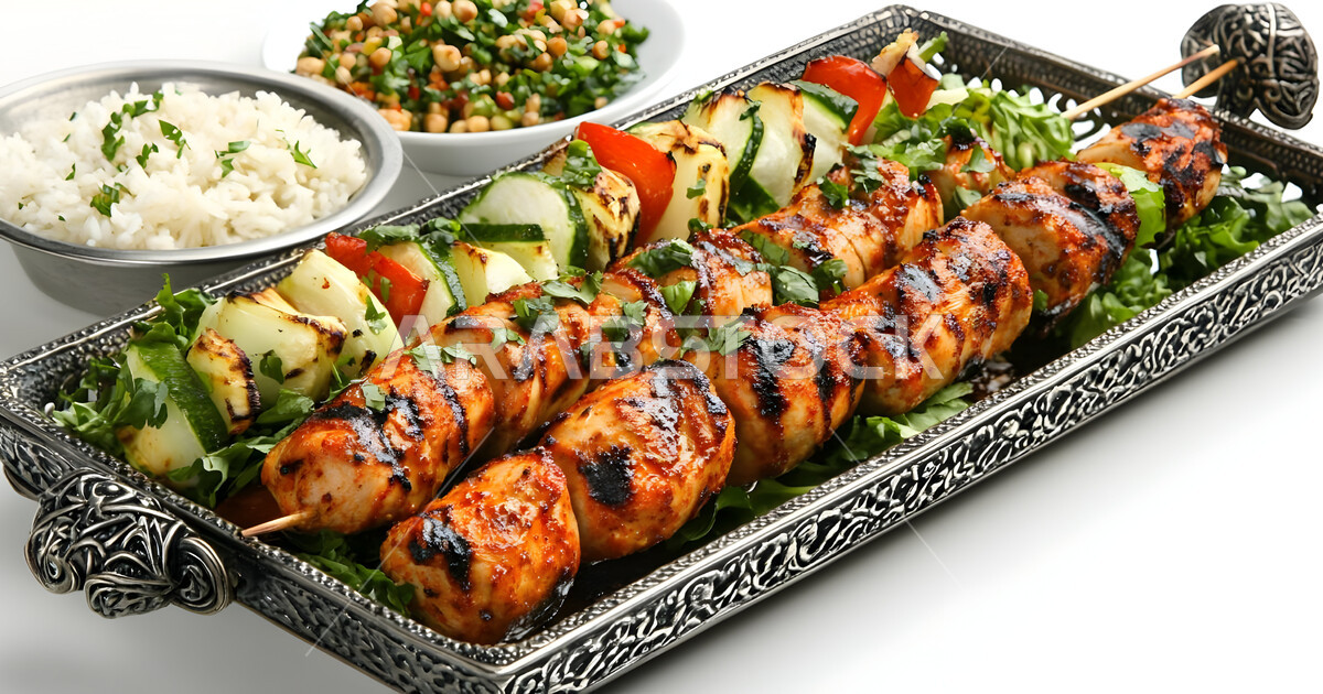 Protein-rich foods, a decorated metal plate of grilled kebab skewers ...