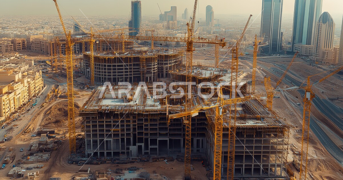 A building under construction in the Kingdom of Saudi Arabia, heavy ...