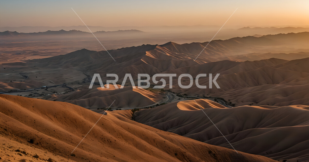 Plateaus and hills in desert landscape, sandy environment at sunset ...