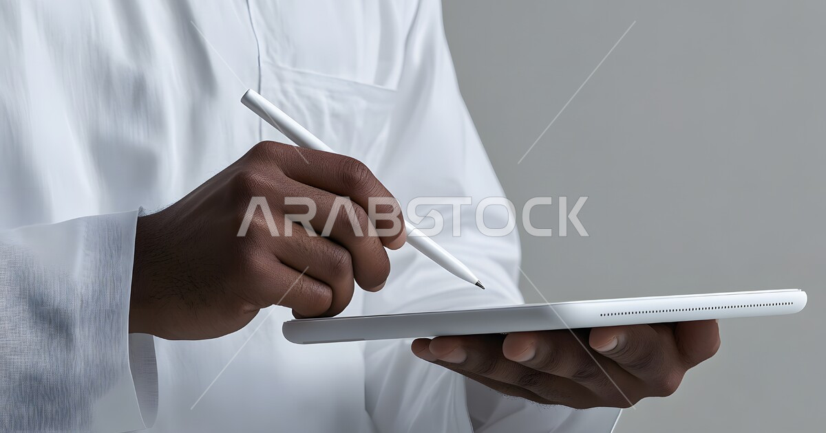Advanced modern technology, close up portrait of hand of a Saudi ...