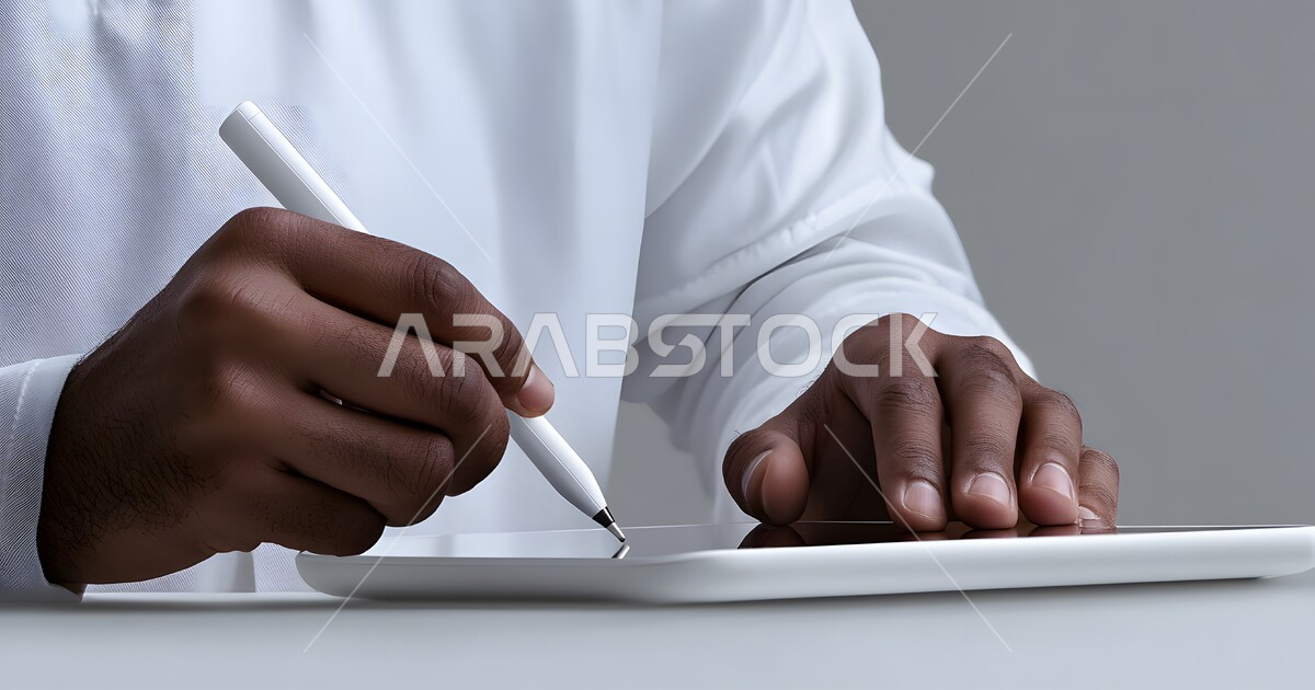 التقنيات الحديثة المتطورة، بورتريه مقرب ليد رجل عربي خليجي سعودي يرتدي ...